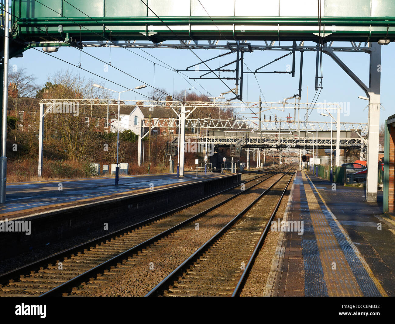 Railway station with replaced pedestrian bridge in Sandbach Cheshire UK ...