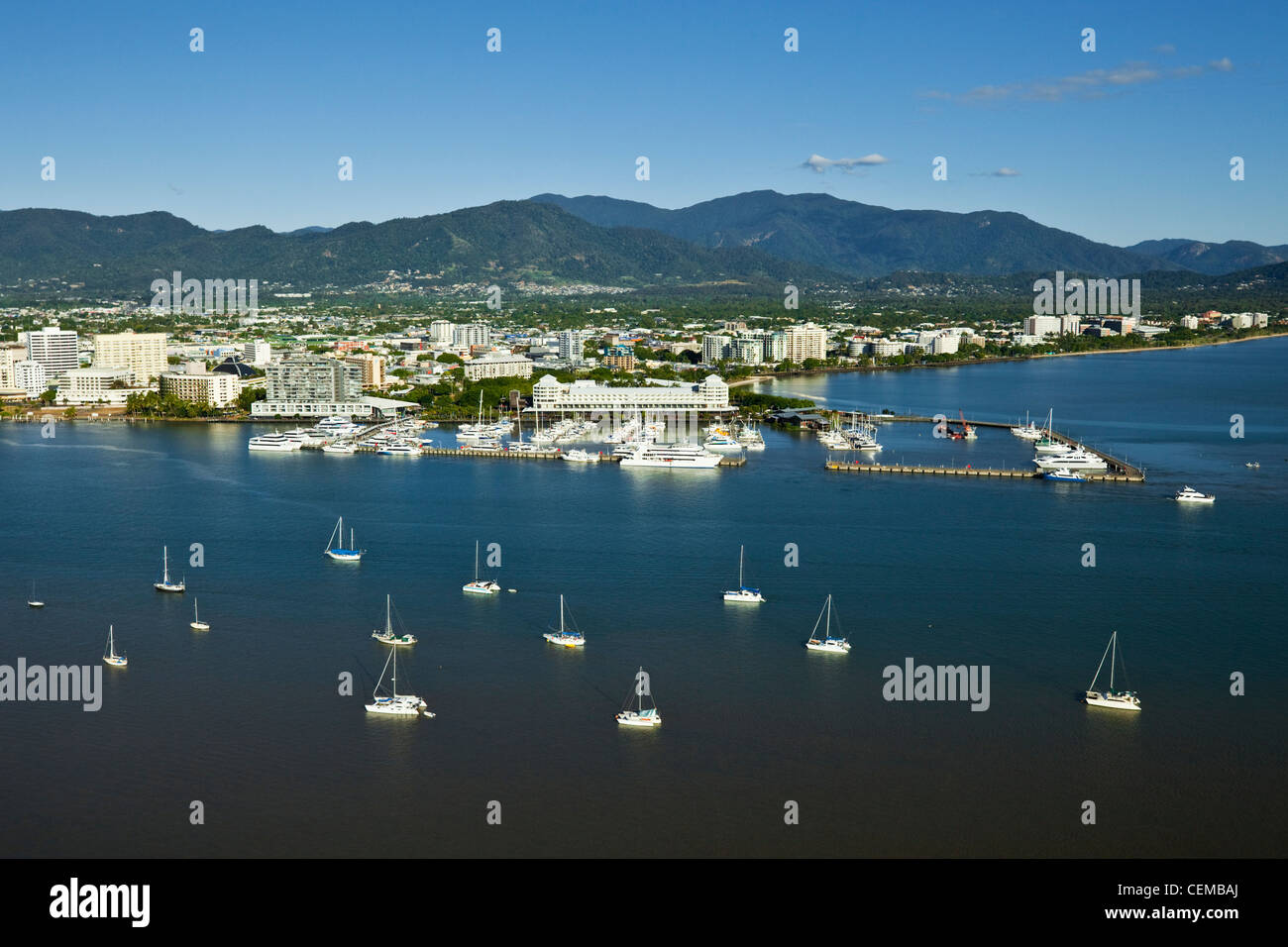 Aerial view of yachts on Trinity Inlet and city centre. Cairns ...