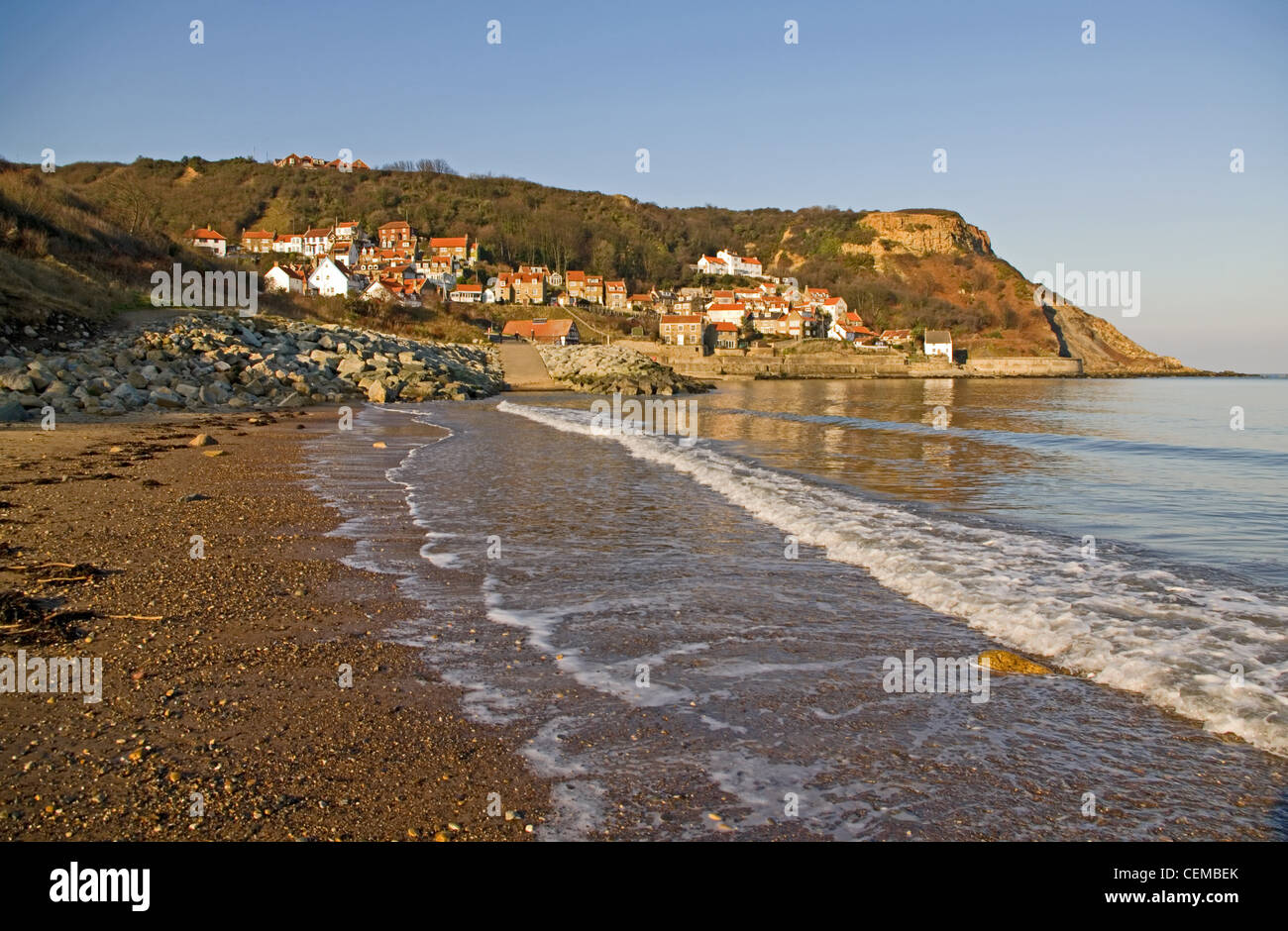 The coastal village of Runswick Bay seen from the beach, North ...