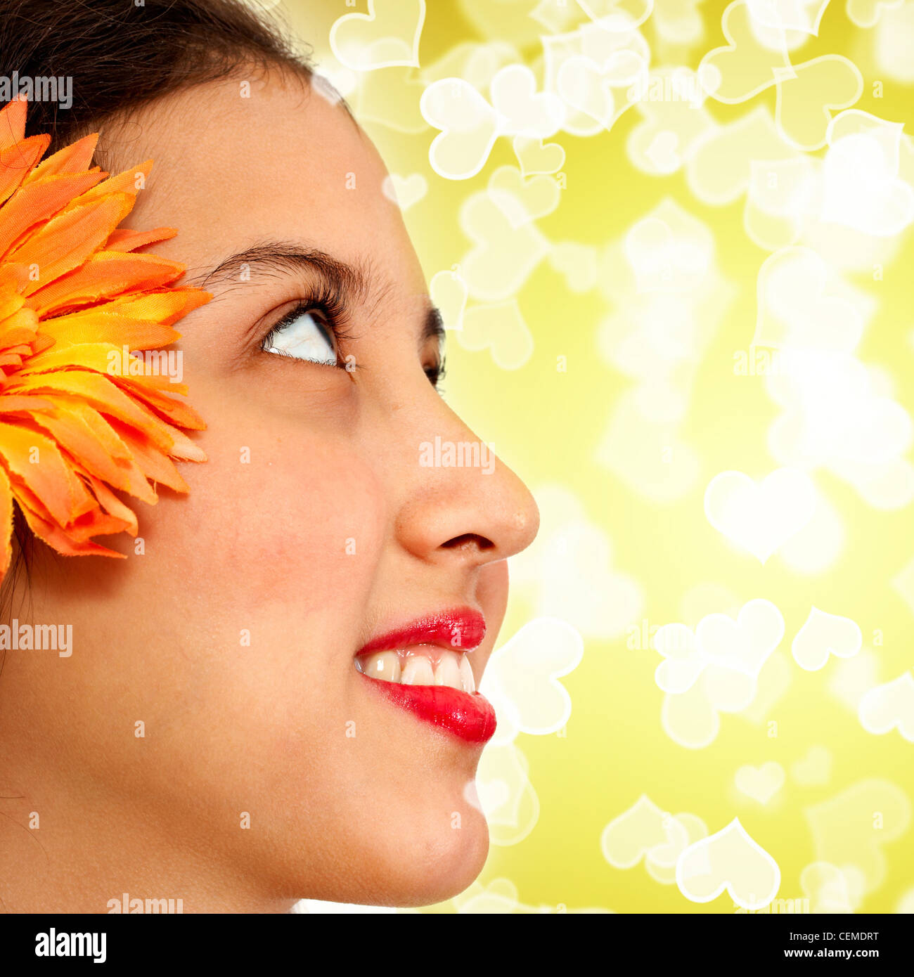Young Refreshing Face Of A Girl In Sunlight And Yellow Bokeh Stock ...