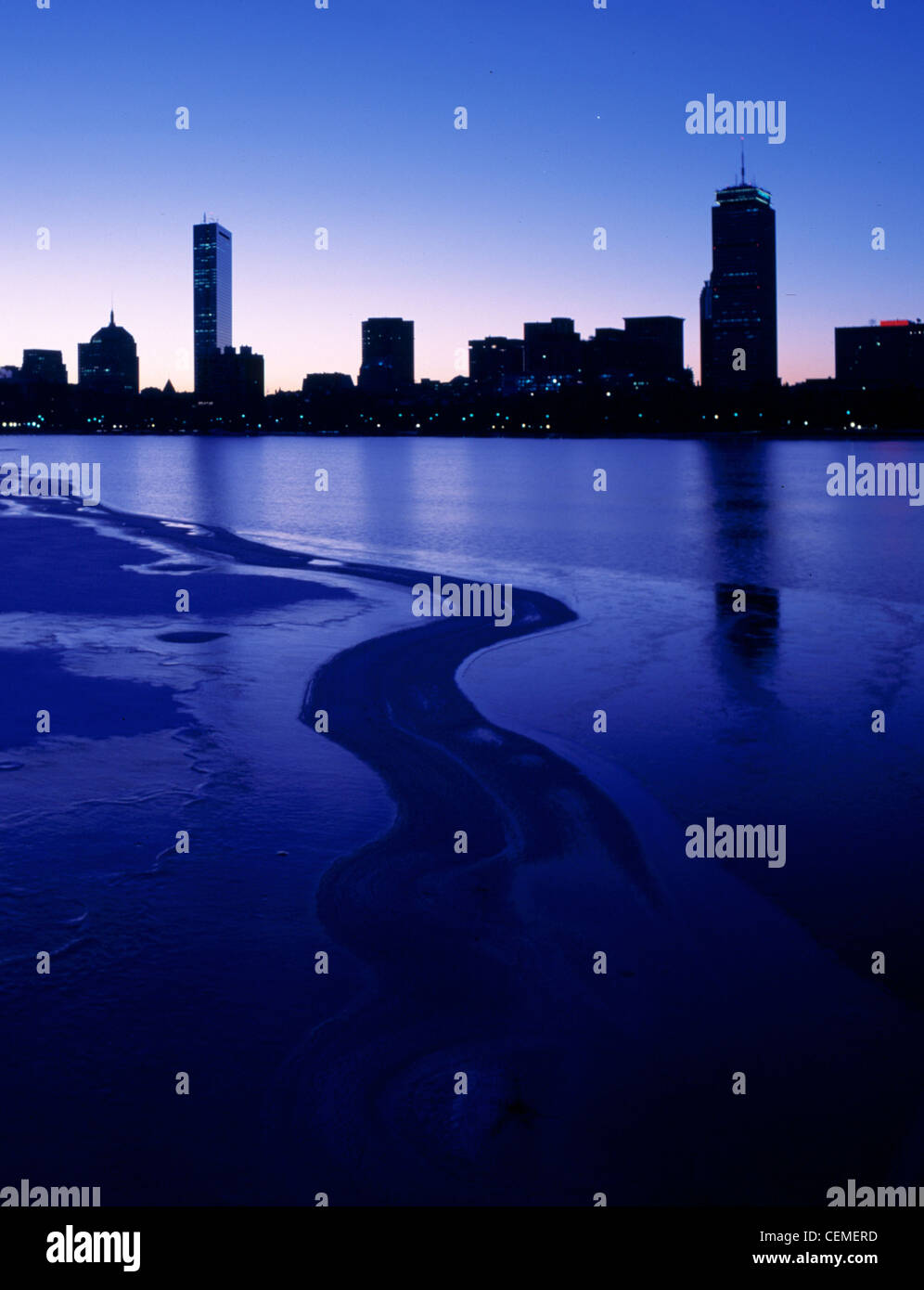 Boston's Back Bay skyline at dawn with the Charles River frozen over ...