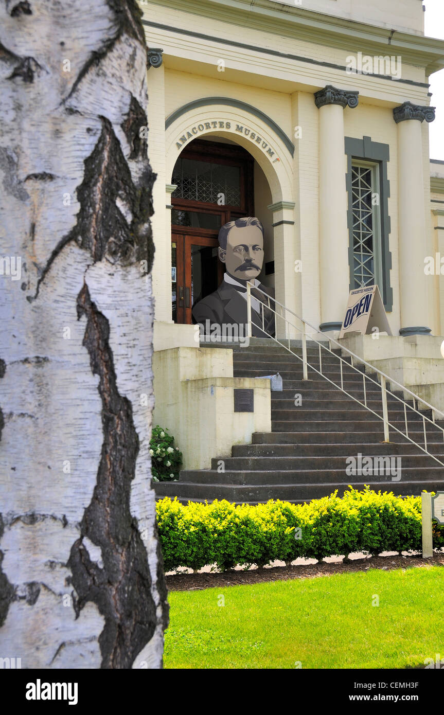 The old museum and library in Anacortes, Washington State. Birch tree ...