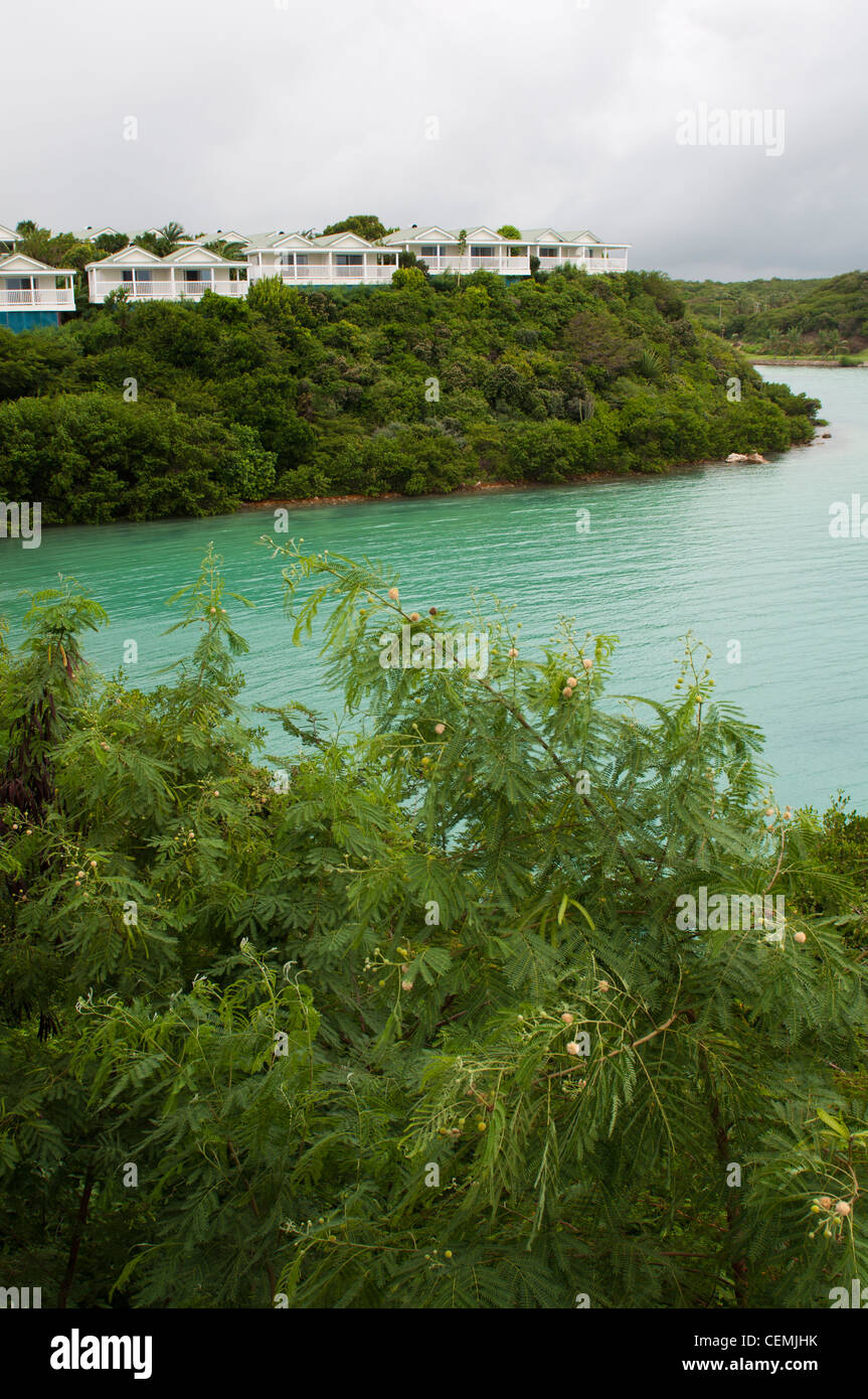view of Long Bay with resort villas and seascape in Antigua (overcast ...