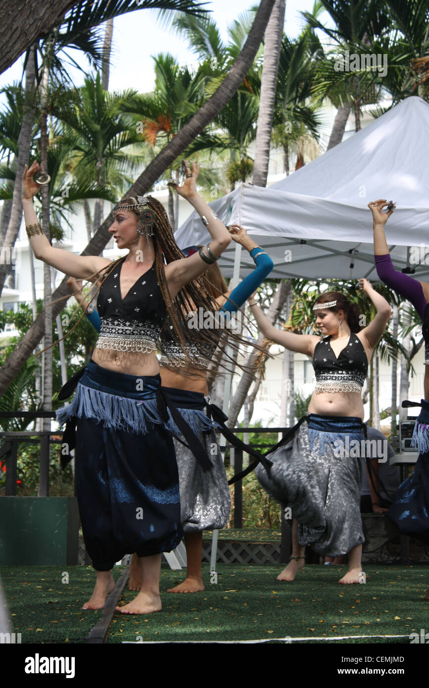 Belly Dancer Dancers Dancing with Long Hair Swaying Palm Trees Stock ...