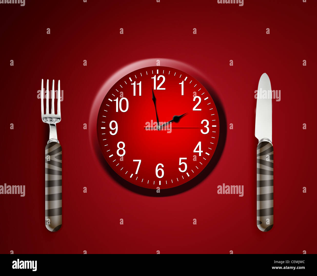 Lunch time concept, Clock in plate, knife and fork Stock Photo - Alamy