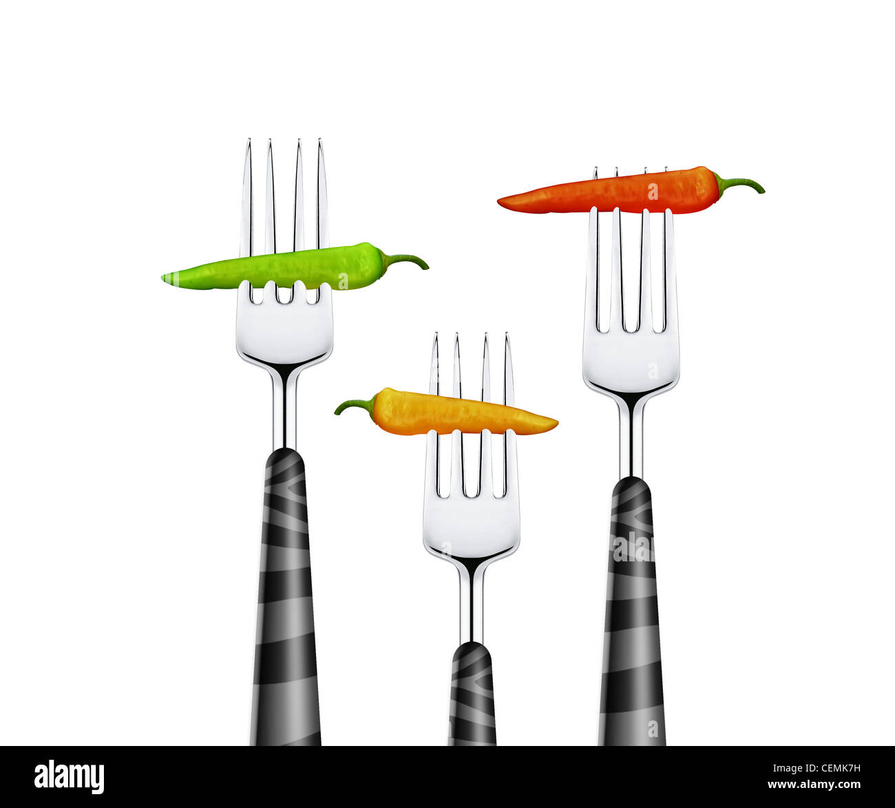 close up of Three chilies pierced by forks, isolated on white ...