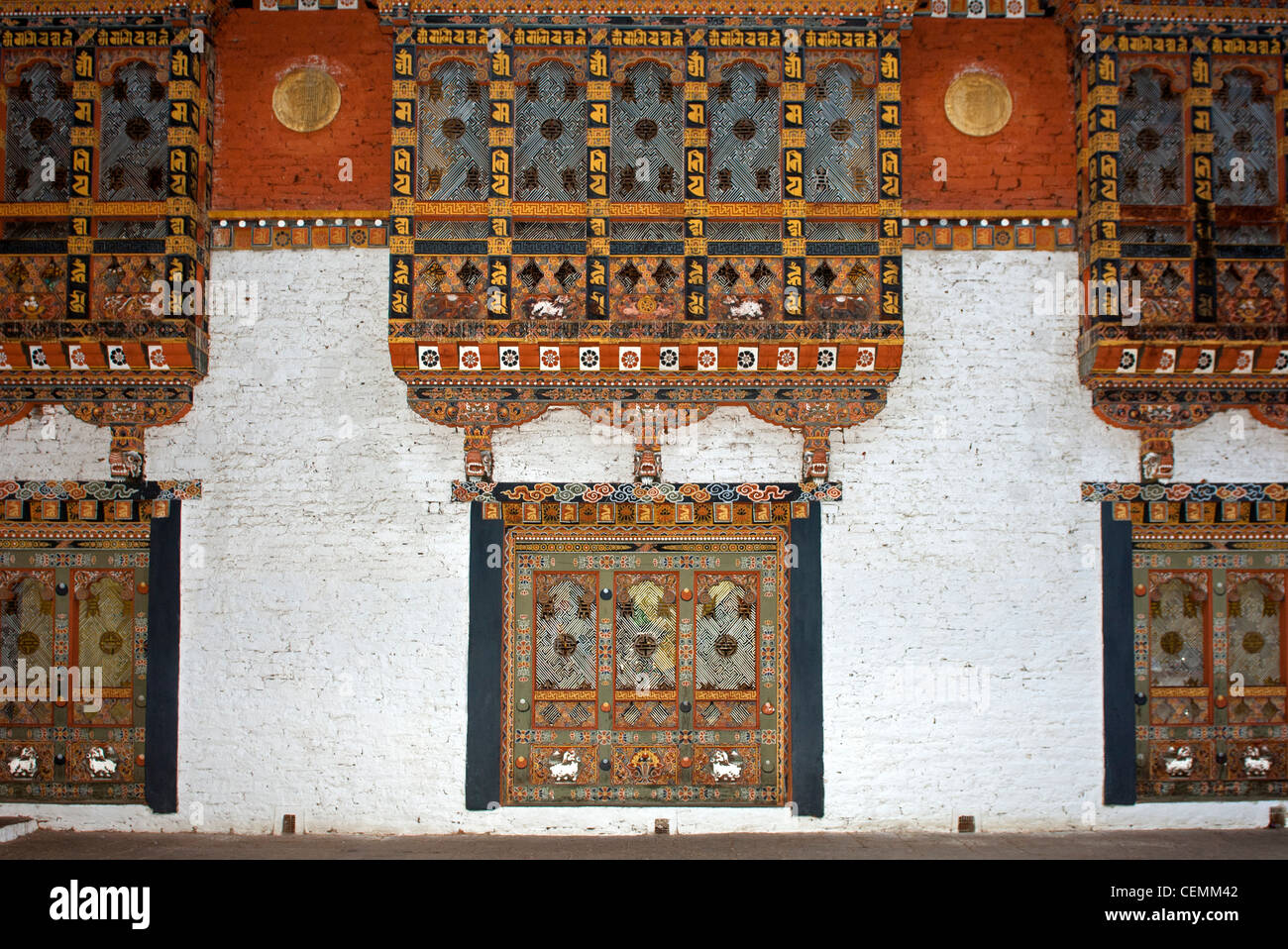 ornate window in typical Bhutanese architecture in the fortress Phunaka ...