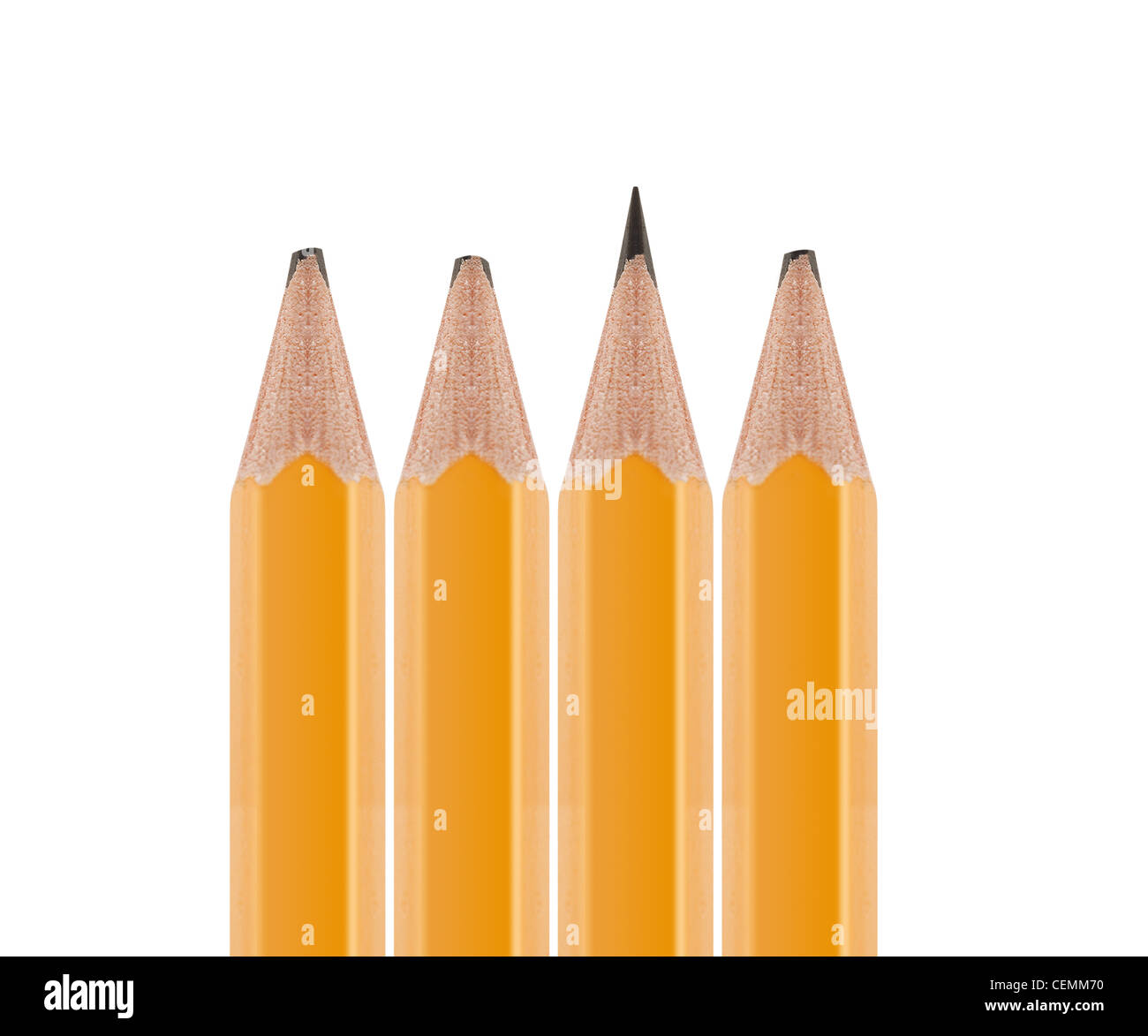 Sharpened pencil flipped in group of broken ones isolated on white ...