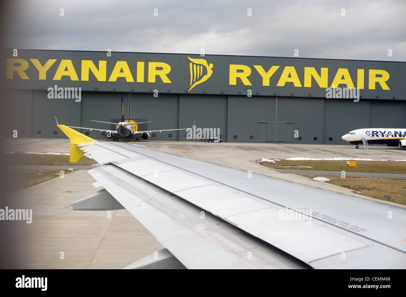 Ryanair hanger as seen from the window of a passenger airliner, London ...