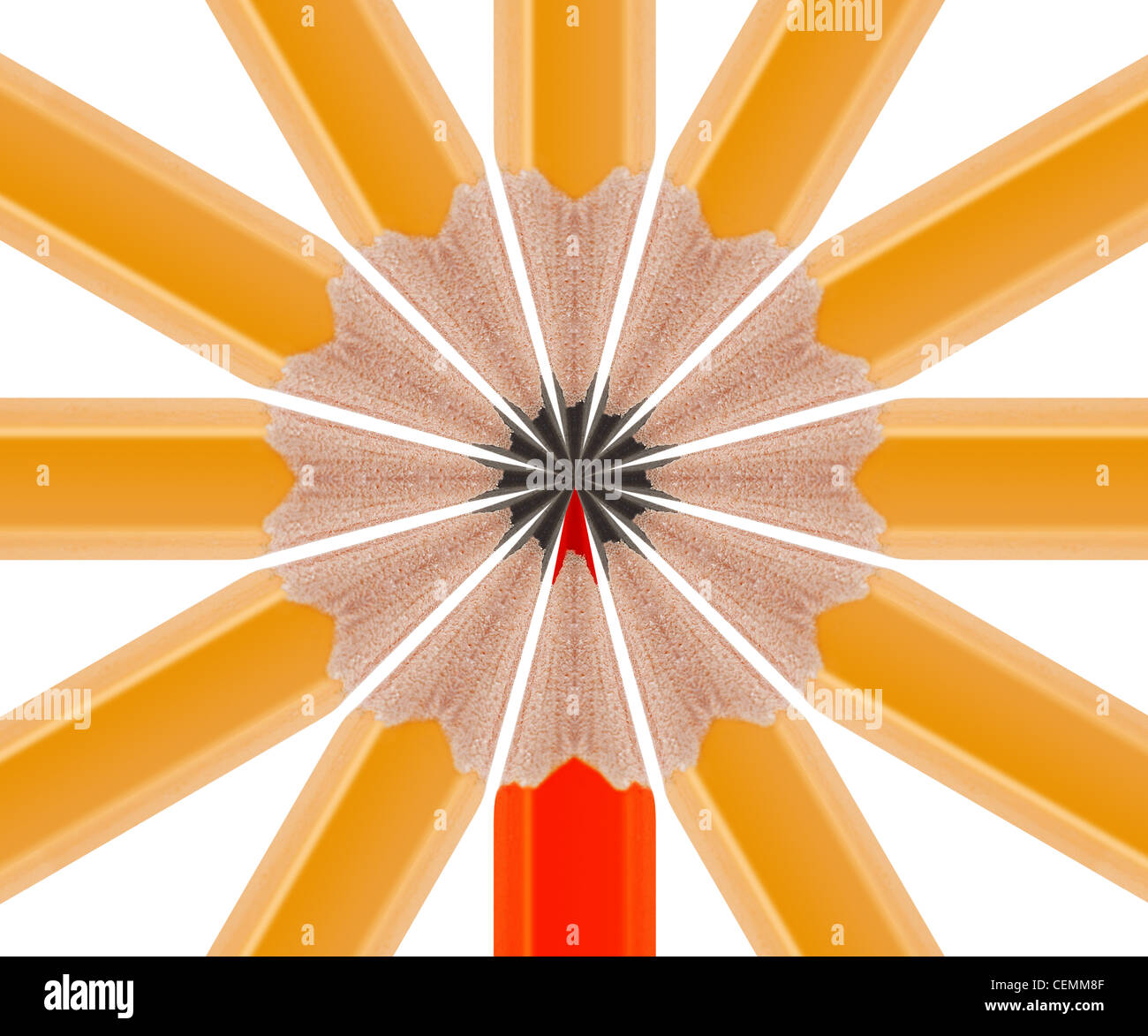 red Sharpened pencil flipped in group of sharpened ones isolated on ...