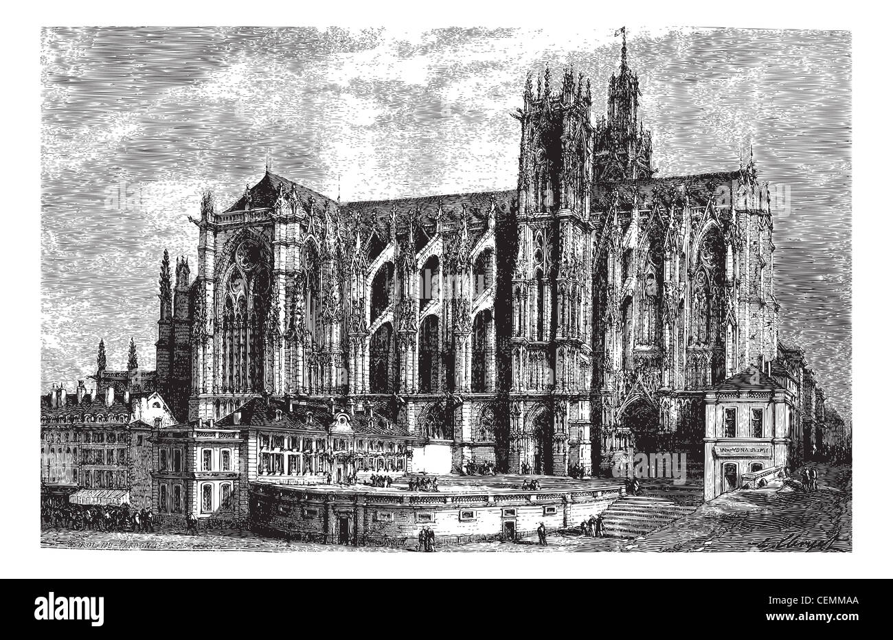 The Cathedral of Metz (north side), vintage engraved illustration ...