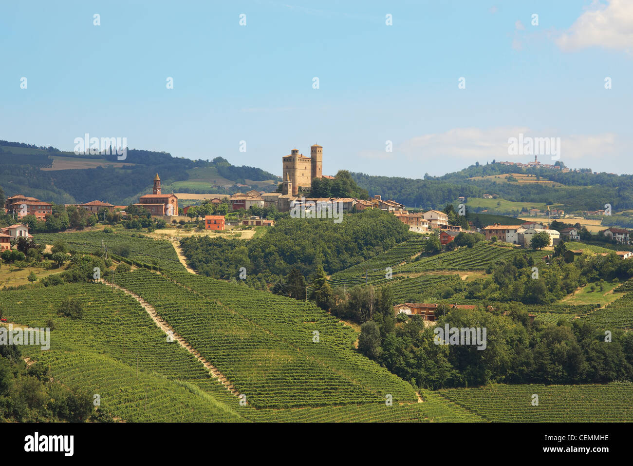 Ancient castle of Serralunga D'Alba and small town on top of the hill ...