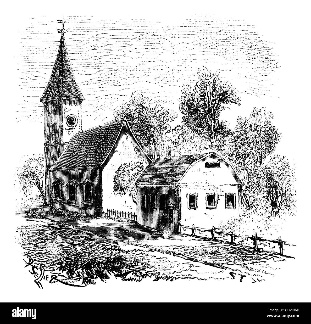 The oldest school in Boston, vintage engraved illustration. Magasin ...