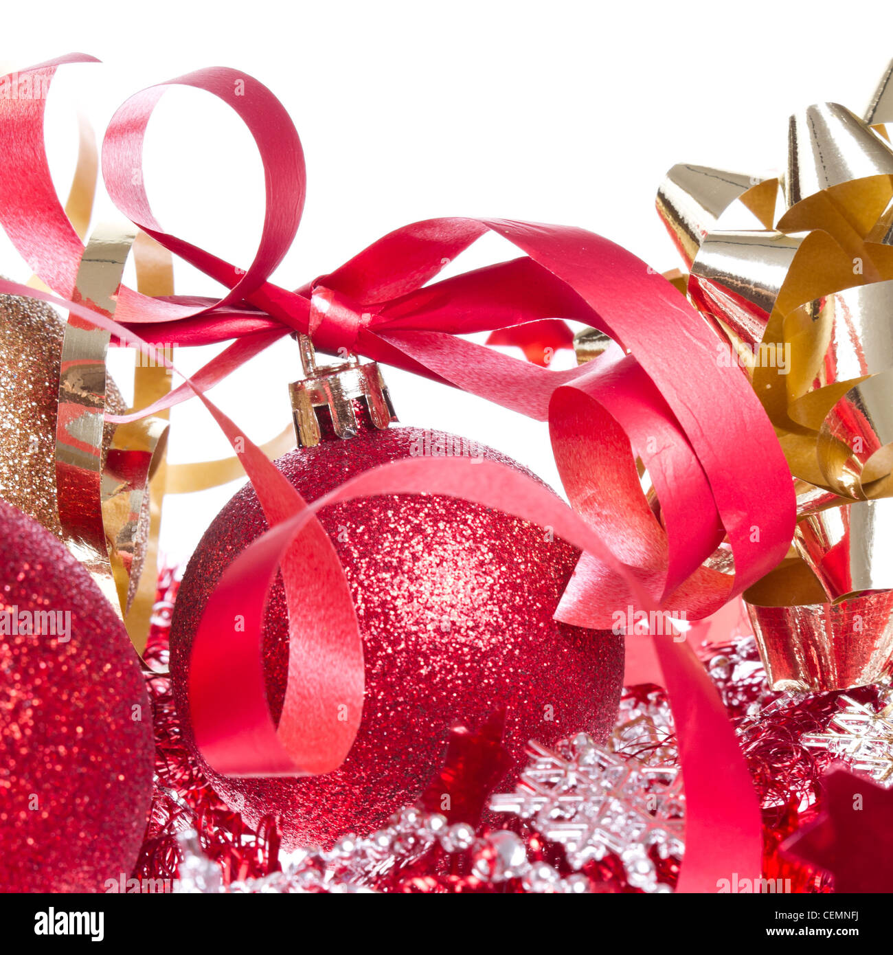 balls with ribbon and tinsel isolated on white background Stock Photo ...