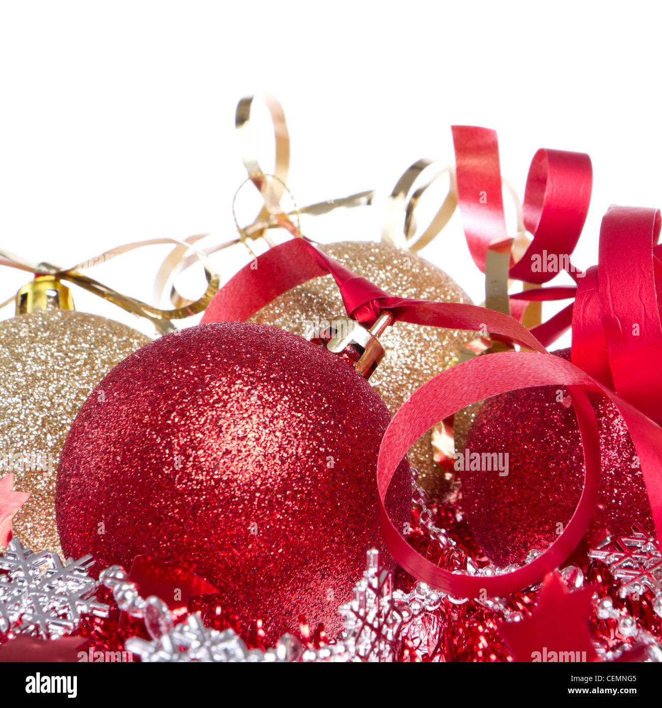 balls with ribbon and tinsel isolated on white background Stock Photo ...