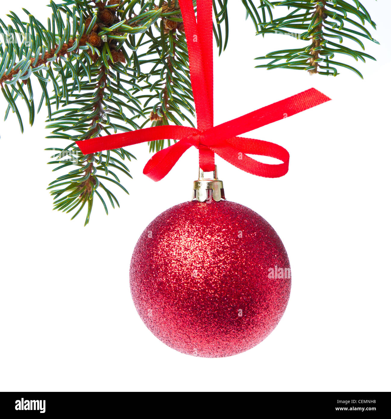 red christmas ball hanging from tree isolated on white background Stock ...