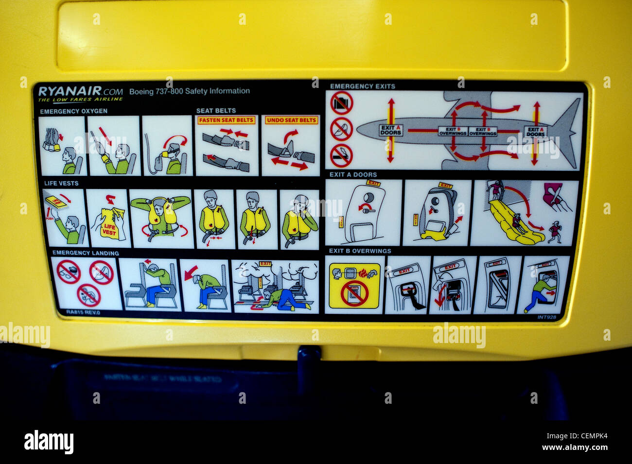 Ryanair seat back with safety instructions Stock Photo - Alamy