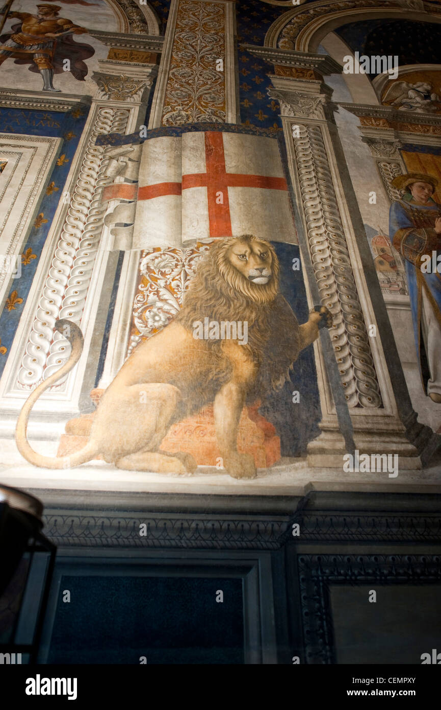 Lion holding England flag st george on wall in Florence museum Stock ...