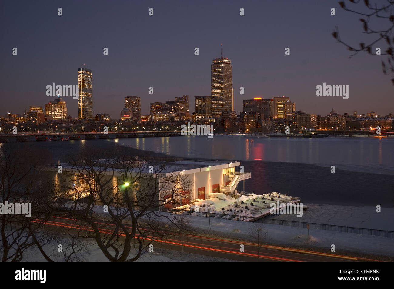 MIT Pierce Boathouse and Boston Back Bay Skyline Stock Photo - Alamy
