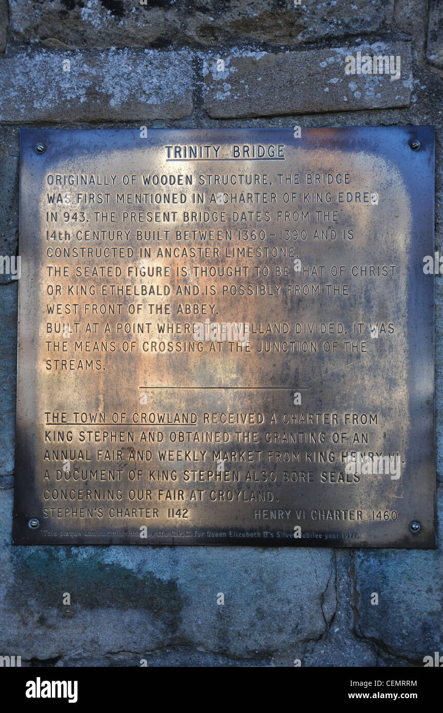 The Plaque on the Trinity Bridge in Crowland, Lincolnshire Stock Photo ...