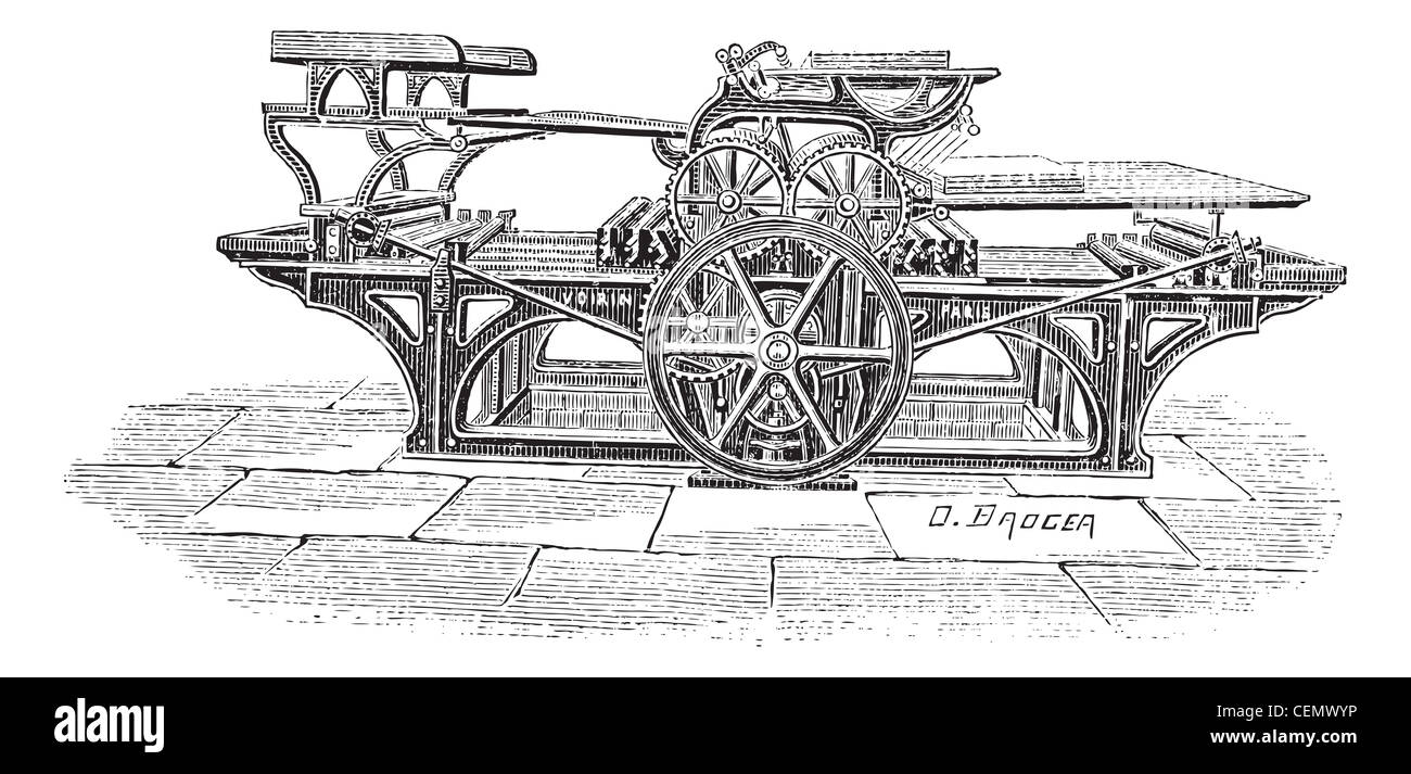 Old engraved illustration of Double printing press, this press can ...
