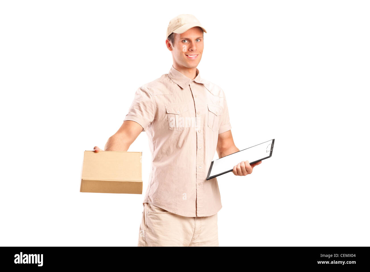 A delivery boy delivering a packet and holding a clipboard isolated on ...