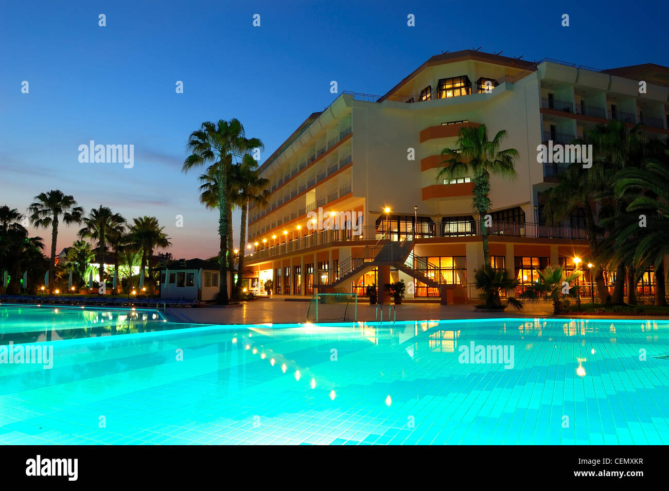Night illumination during sunset at popular hotel, Antalya, Turkey ...