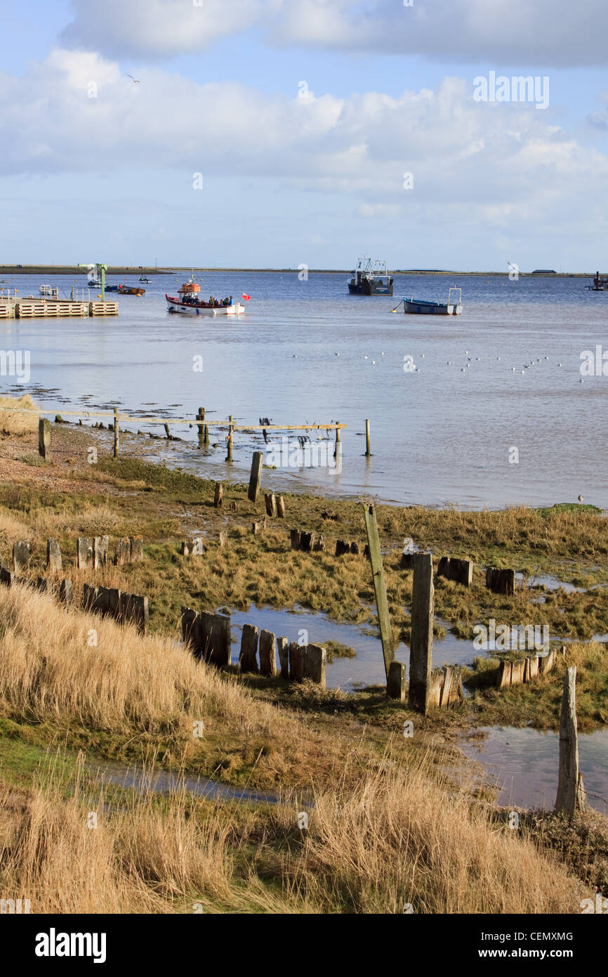 Boats on the River Ore from the seawall at Orford, Suffolk Stock Photo ...