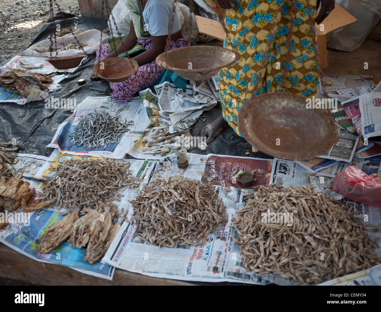 piles of dried fish on the ground laid on newspaper for sale in street ...