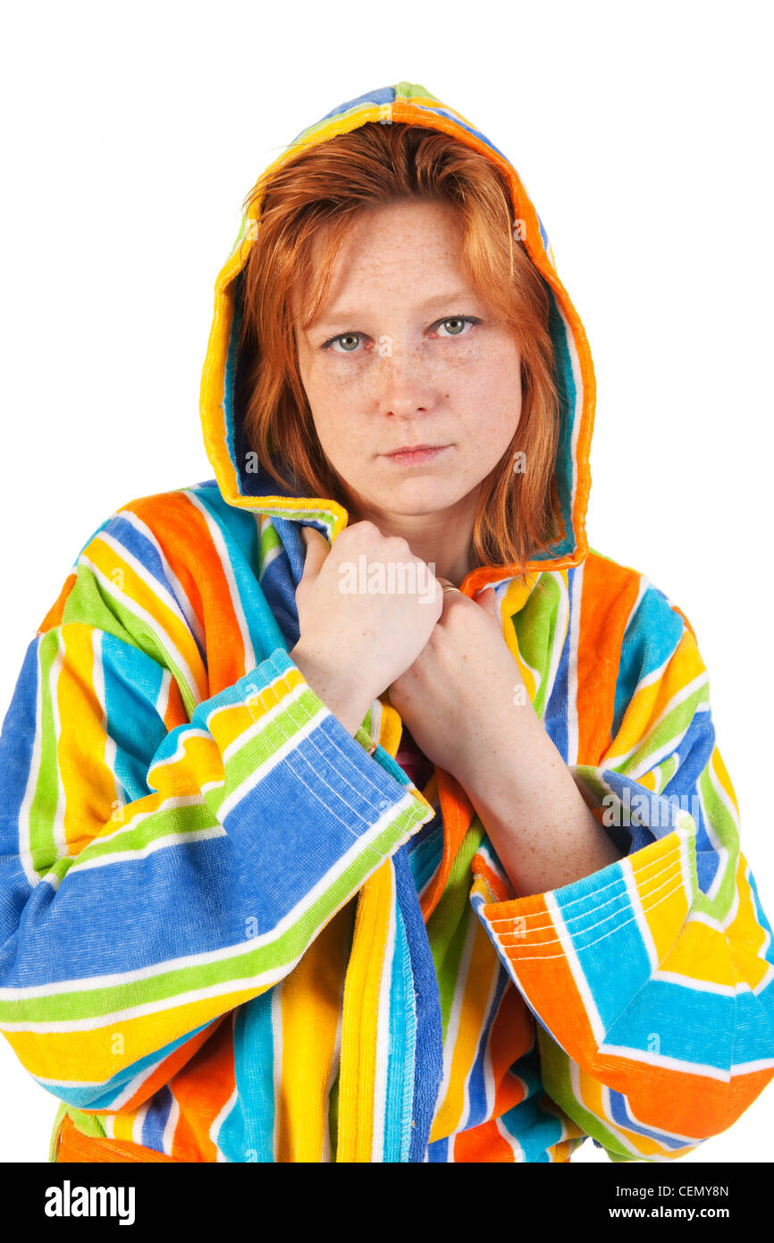Young woman in colorful bathrobe with hood Stock Photo - Alamy