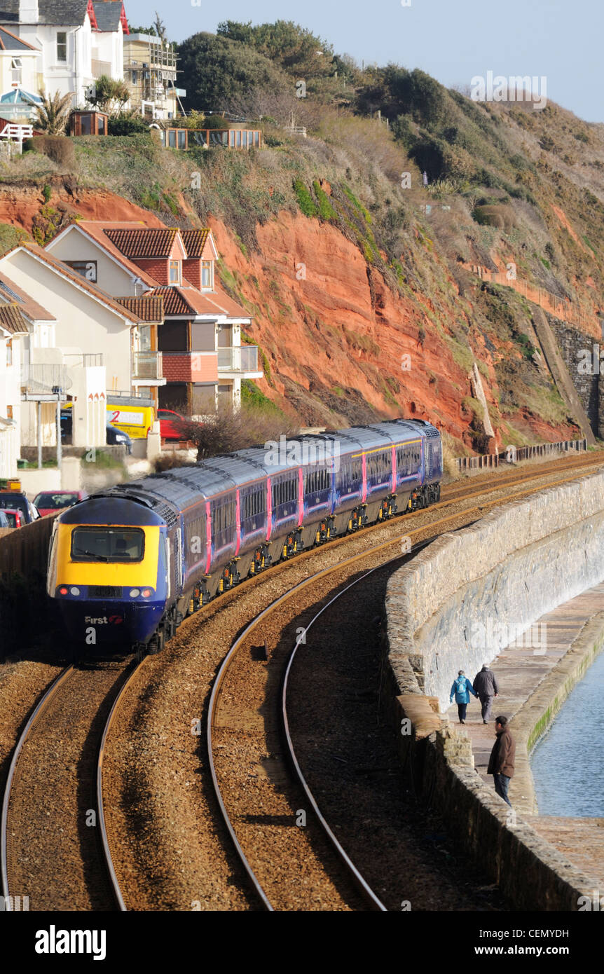 First Great Western HST train on the sea wall at Dawlish Stock Photo ...