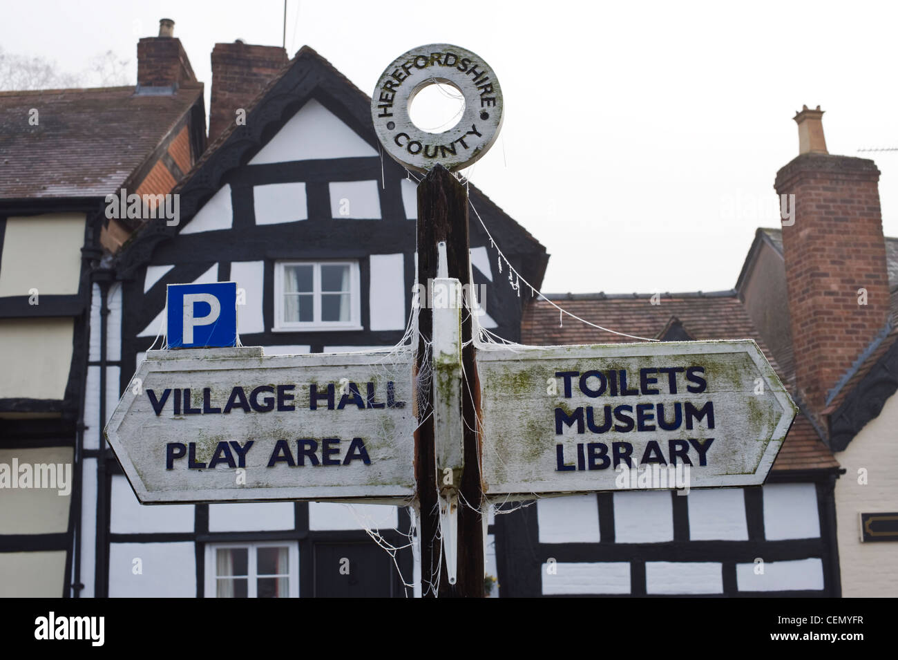 Local amenities sign in picturesque English rural village of Weobley ...