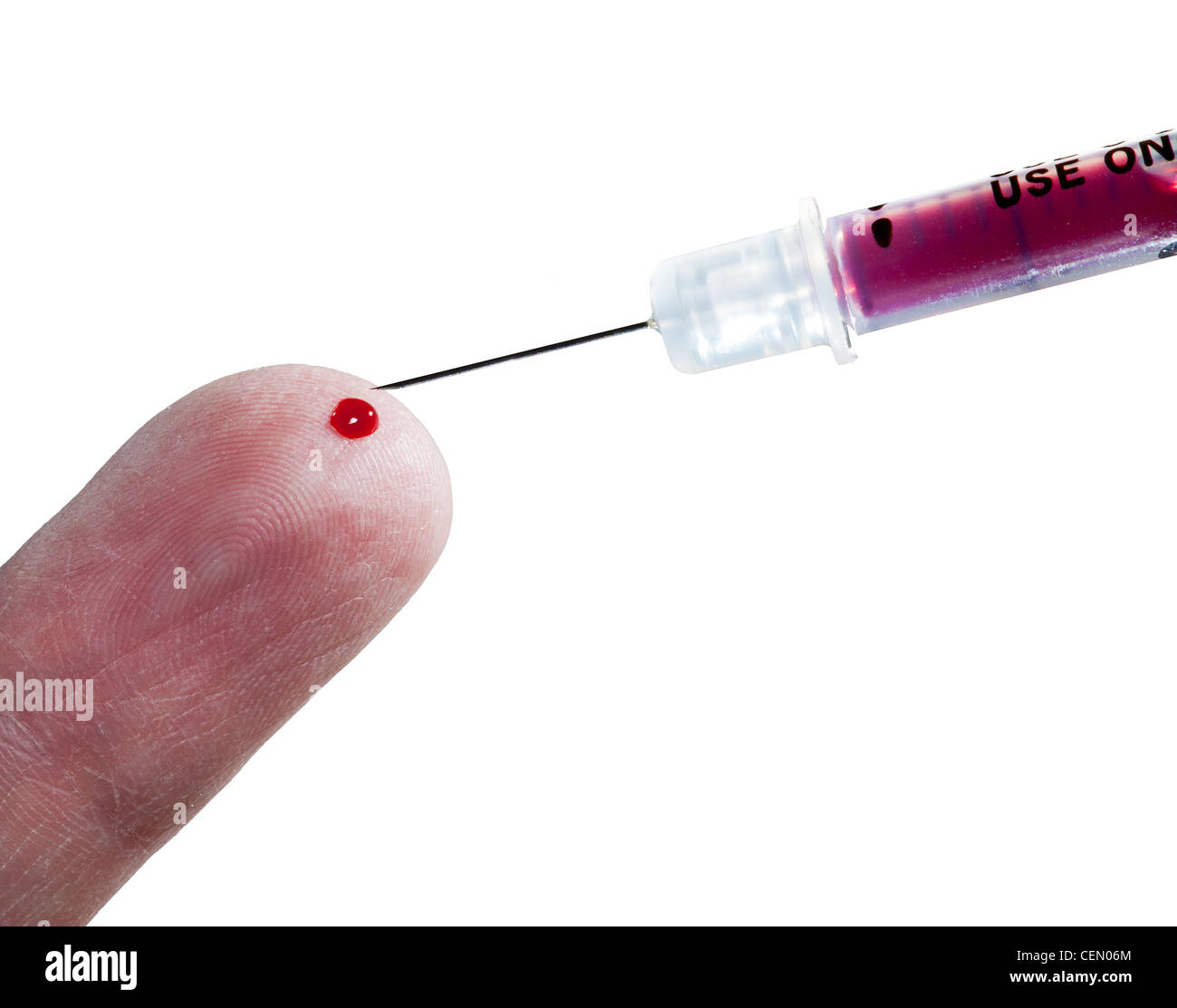View of finger of senior male with drop of blood and hypodermic syringe ...