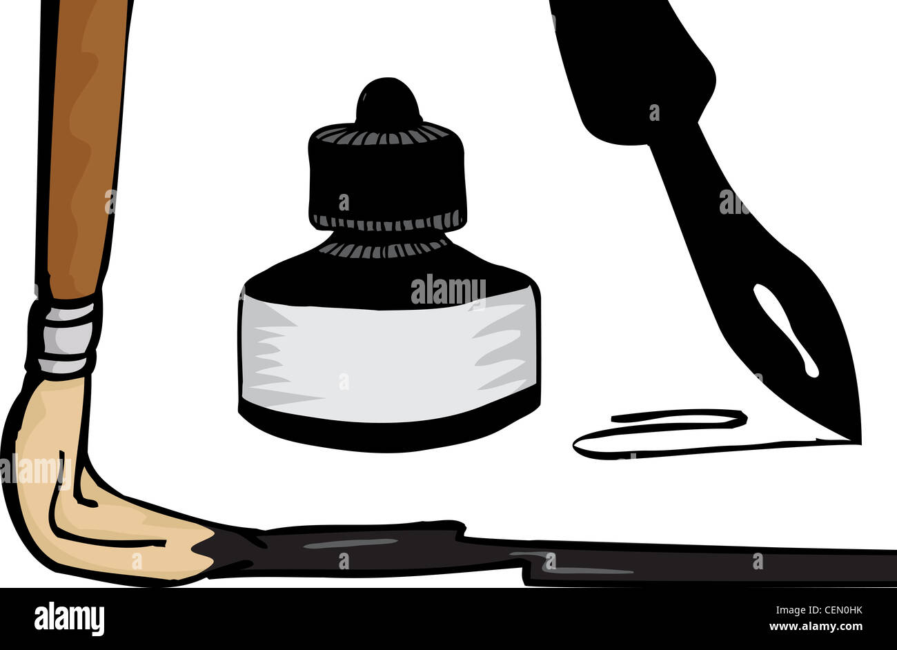 Paintbrush, ink pen and bottle isolated over white Stock Photo - Alamy