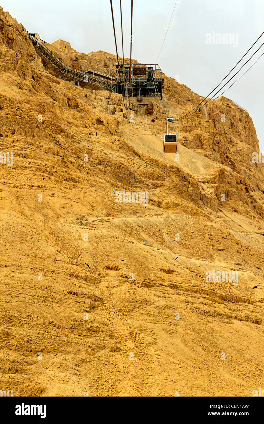 Tourist cable car and the top of the Snake Path hiking trail at Masada ...