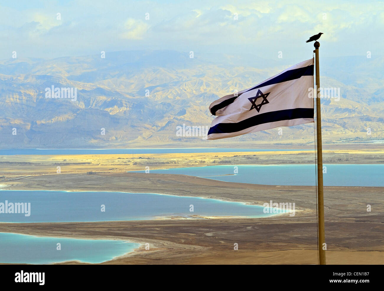 Bird sits atop Israeli flag with view of dead Sea and Jordan from the ...