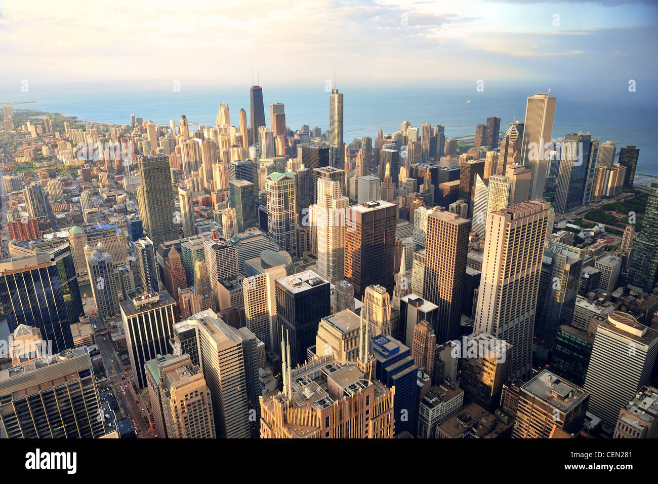 Chicago downtown aerial view at dusk with skyscrapers and city skyline ...
