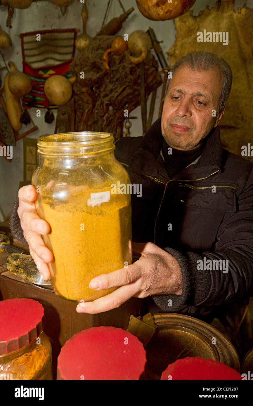 Spice merchant in a shop in the market at the Old City of Akko (Acre ...