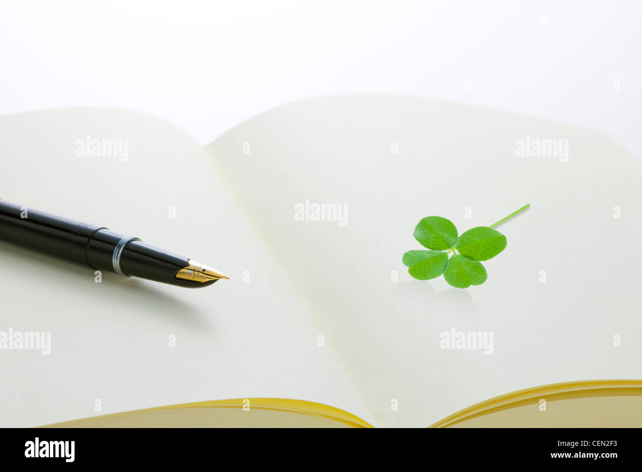 Open book, fountain pen and four leaf clover Stock Photo - Alamy