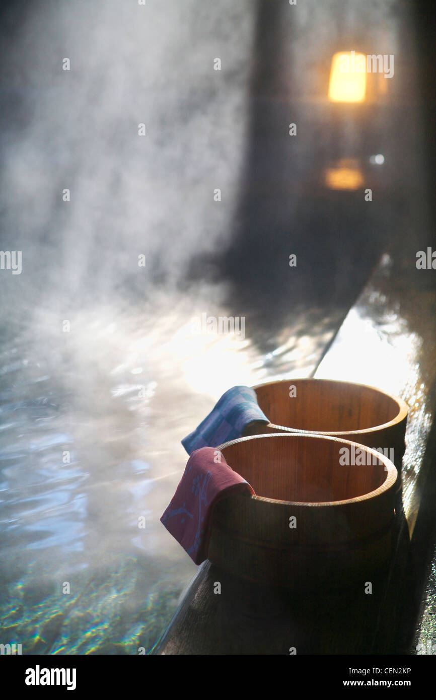 Hot spring with buckets and towels, Shizuoka Prefecture, Honshu, Japan ...