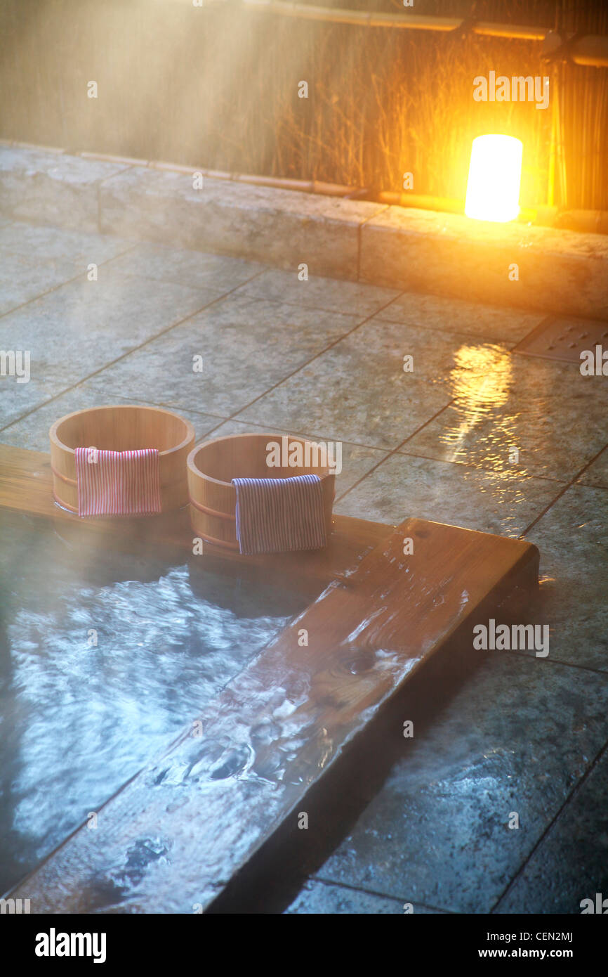 Hot spring with buckets and towels, Shizuoka Prefecture, Honshu, Japan ...