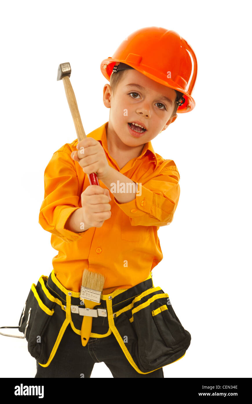 Kid boy working with hammer isolated on white background Stock Photo ...