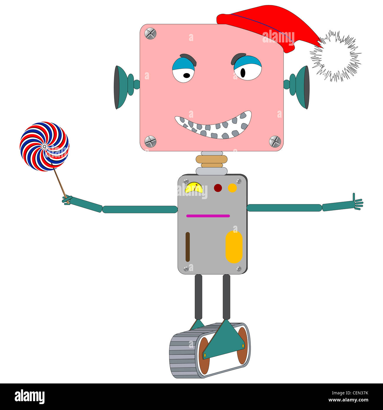 ugly robot laughing, with wind mill toy; abstract vector art ...