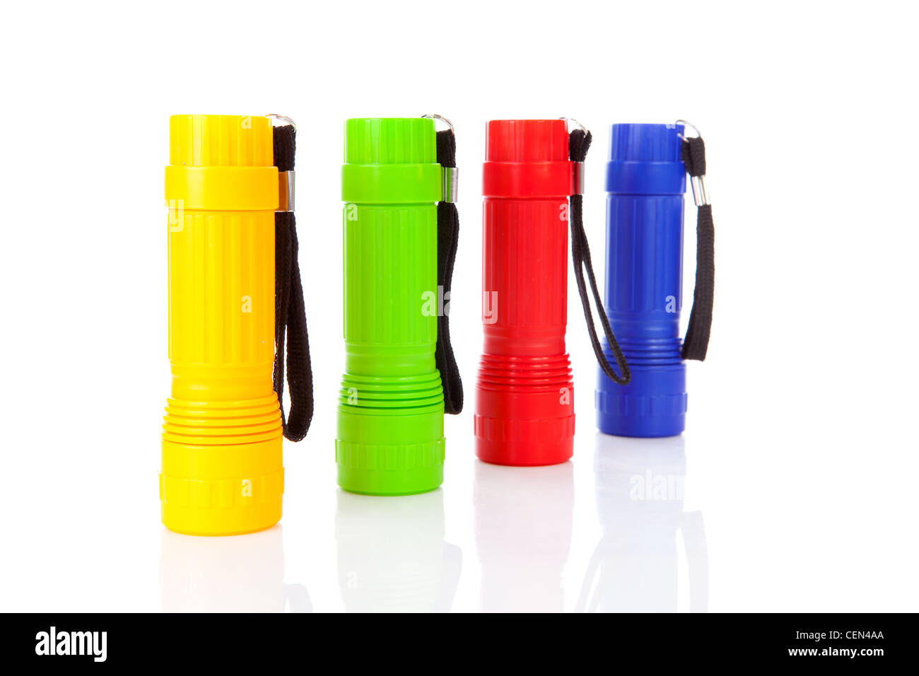 Four colorful flashlights in a row over white background Stock Photo ...