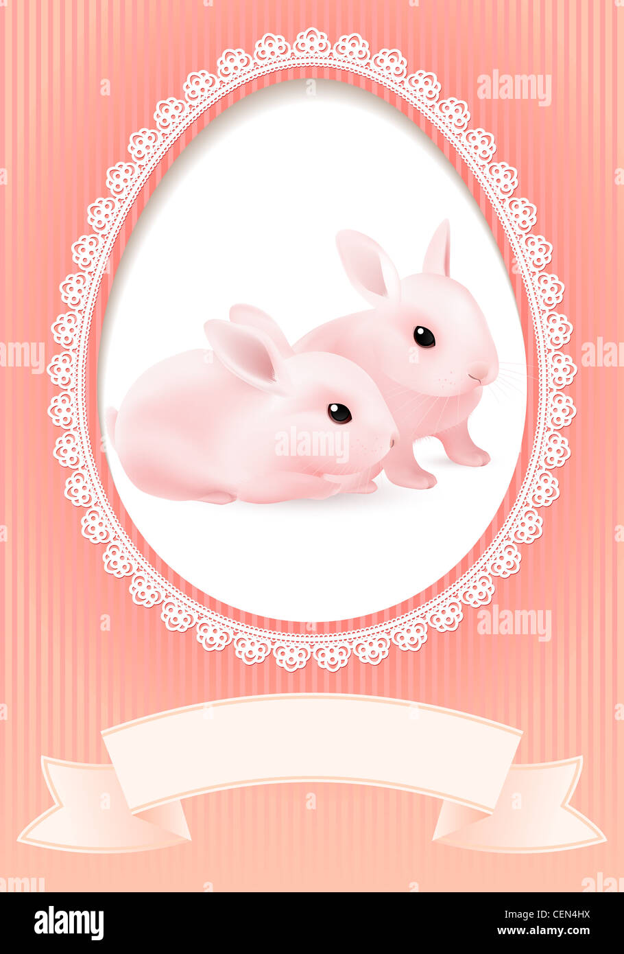 Greeting Card. Two Rabbits in a Heart on Pink background for design ...