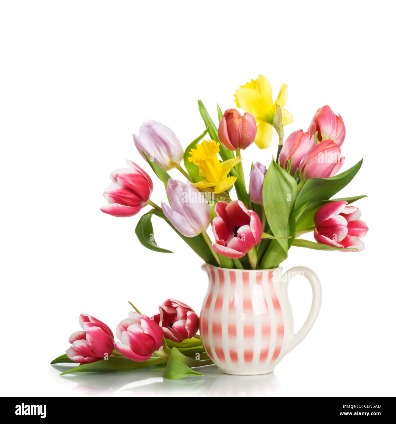 Jug with spring flowers on white background Stock Photo - Alamy