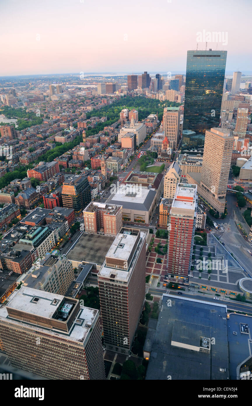 Urban city aerial view. Boston aerial view with skyscrapers at sunset ...
