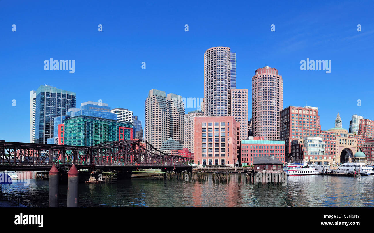 Boston waterfront with skyscrapers and bridge in the morning Stock ...
