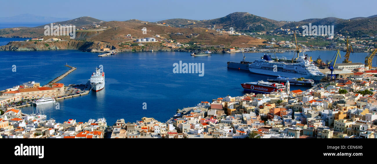The main port of Ermoupolis and capital Syros, Syros island, Cyclades ...