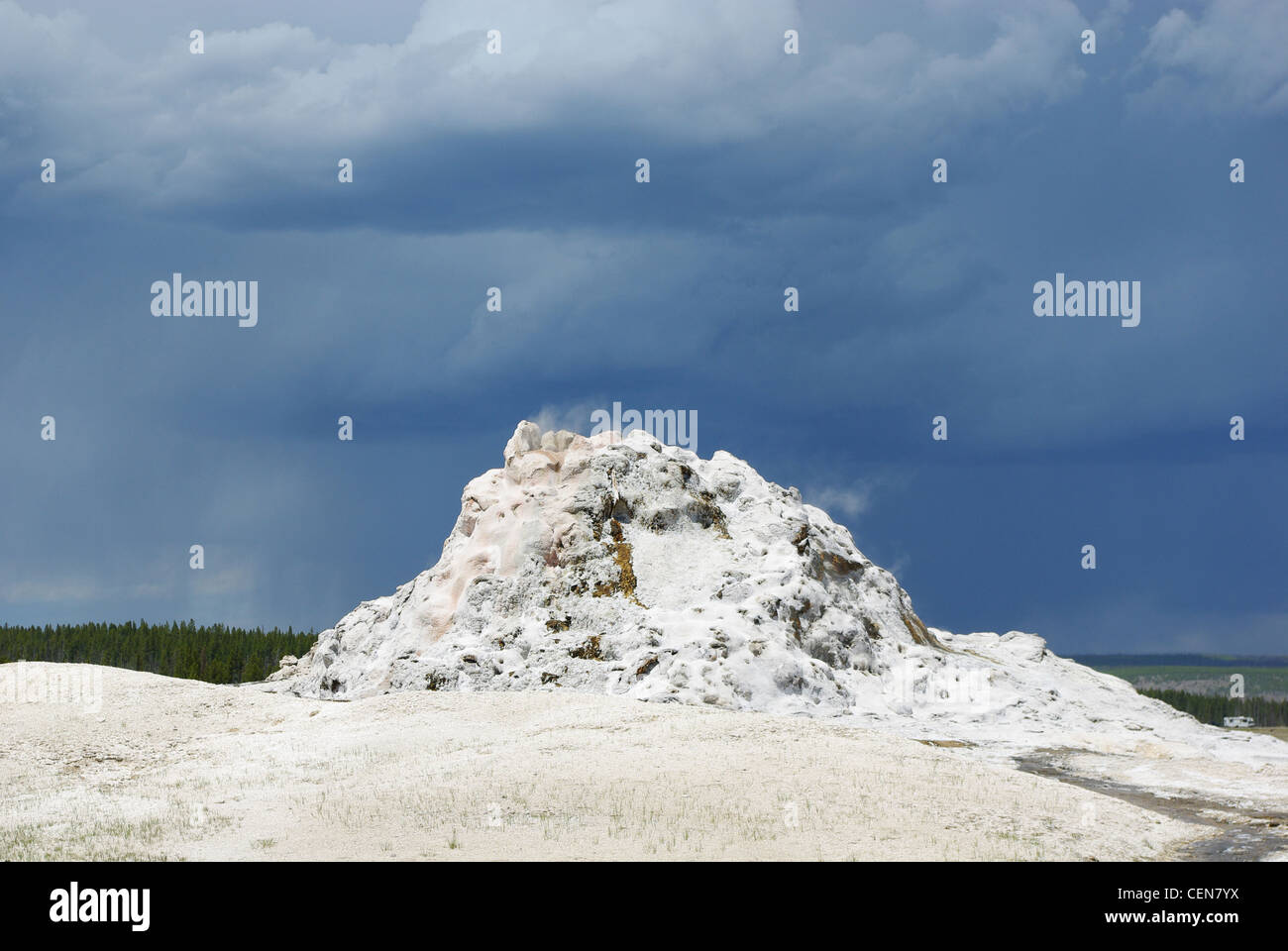 White geyser formation and gray sky, Yellowstone National Park, Wyoming ...
